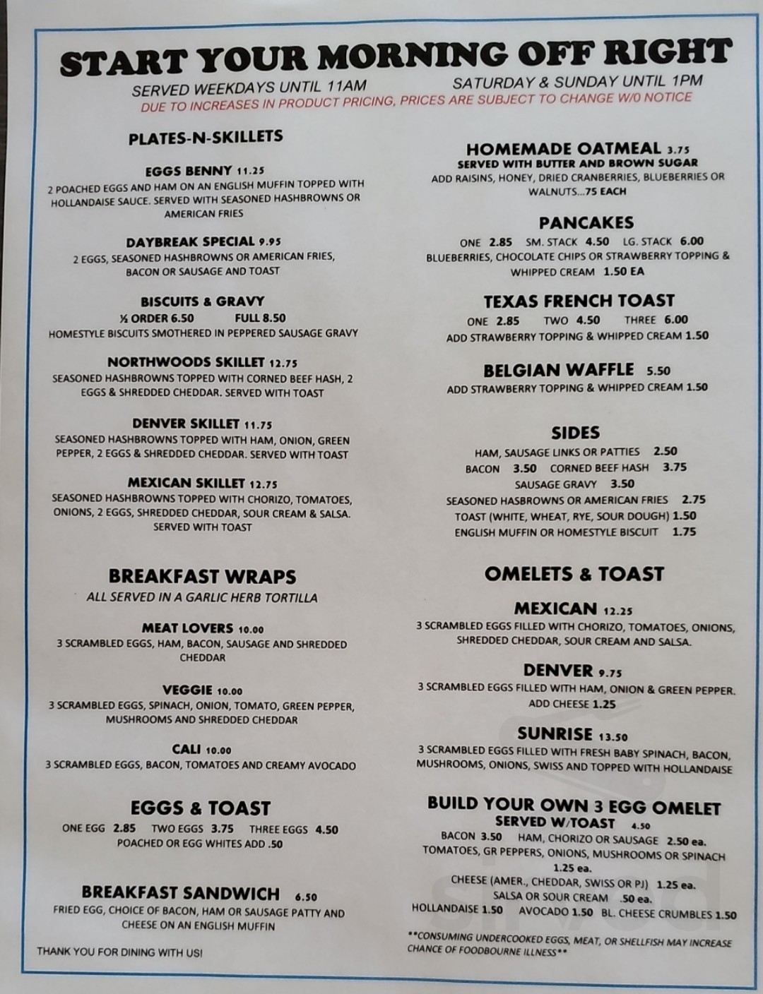 Sorge's DayBreak Diner menu in Three Lakes, Wisconsin, USA