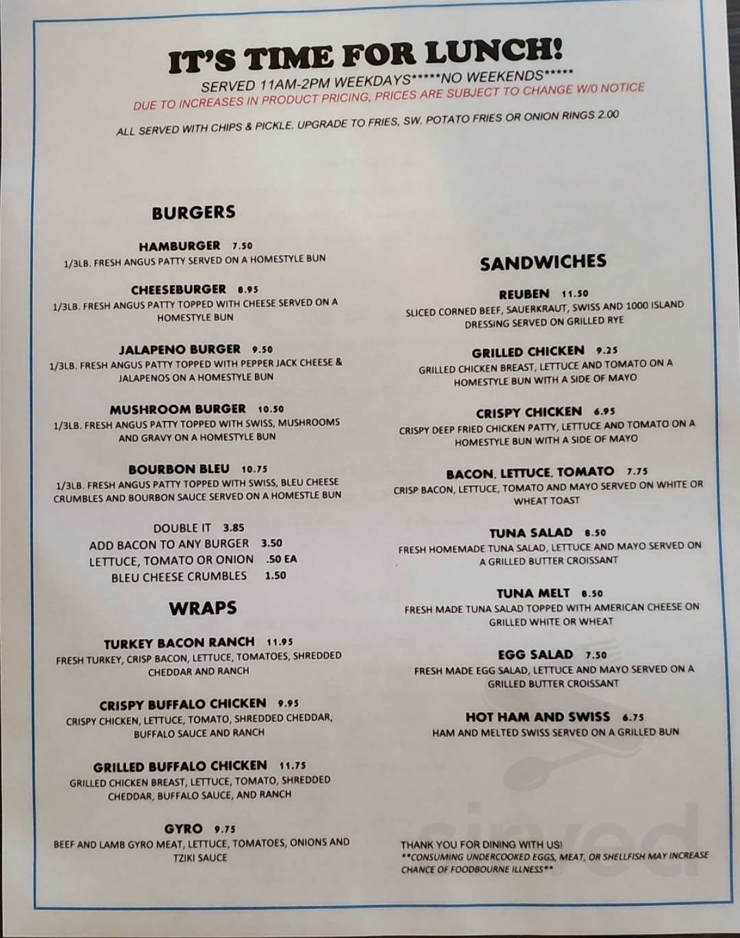 Sorge's DayBreak Diner menu in Three Lakes, Wisconsin, USA