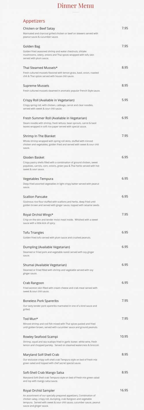 Royal Orchid menu in Rowley, Massachusetts, USA