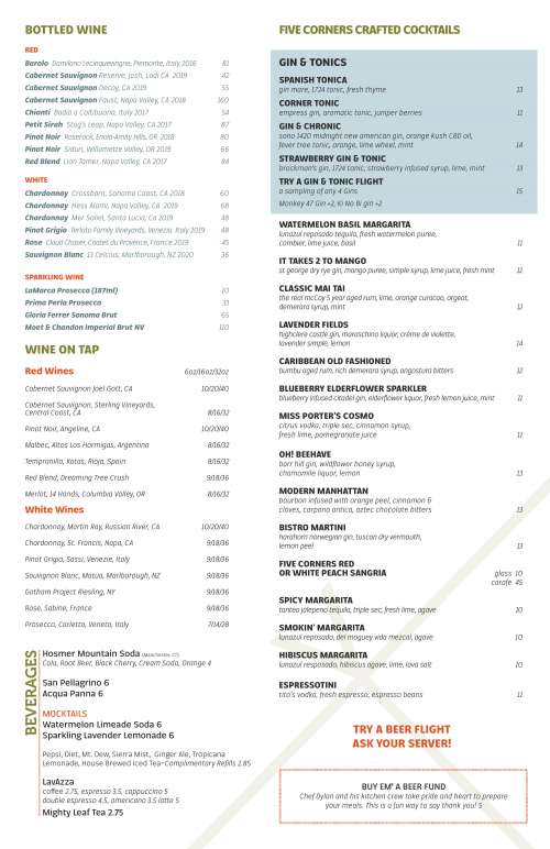 Five Corners Bistro & Craft Bar menu in Farmington, Connecticut, USA