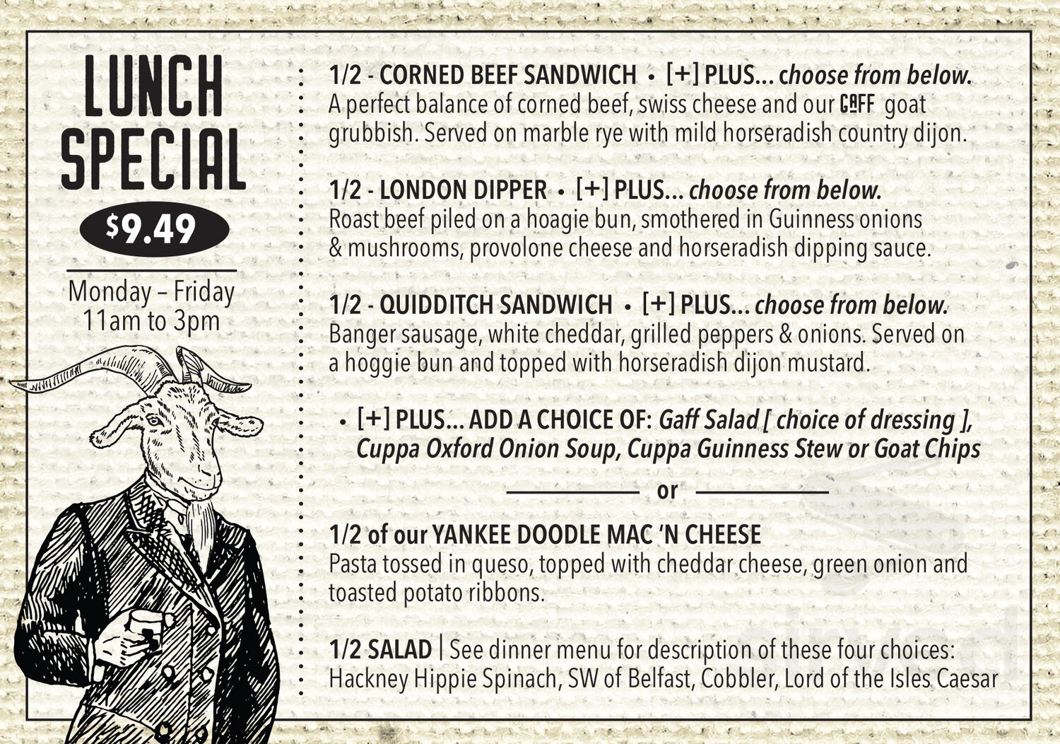 The Goat and Clover Tavern menu in Grand Junction, Colorado, USA