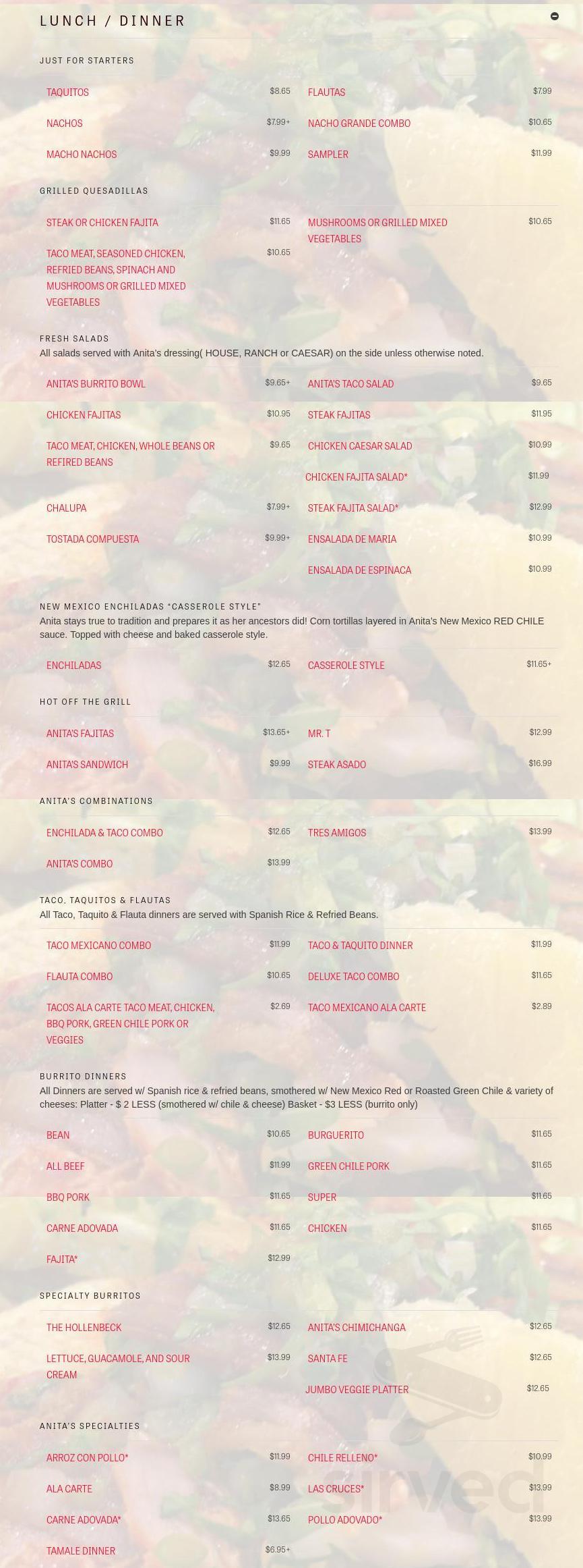 Anita's New Mexico Style Mexican Food menu in Leesburg, Virginia, USA