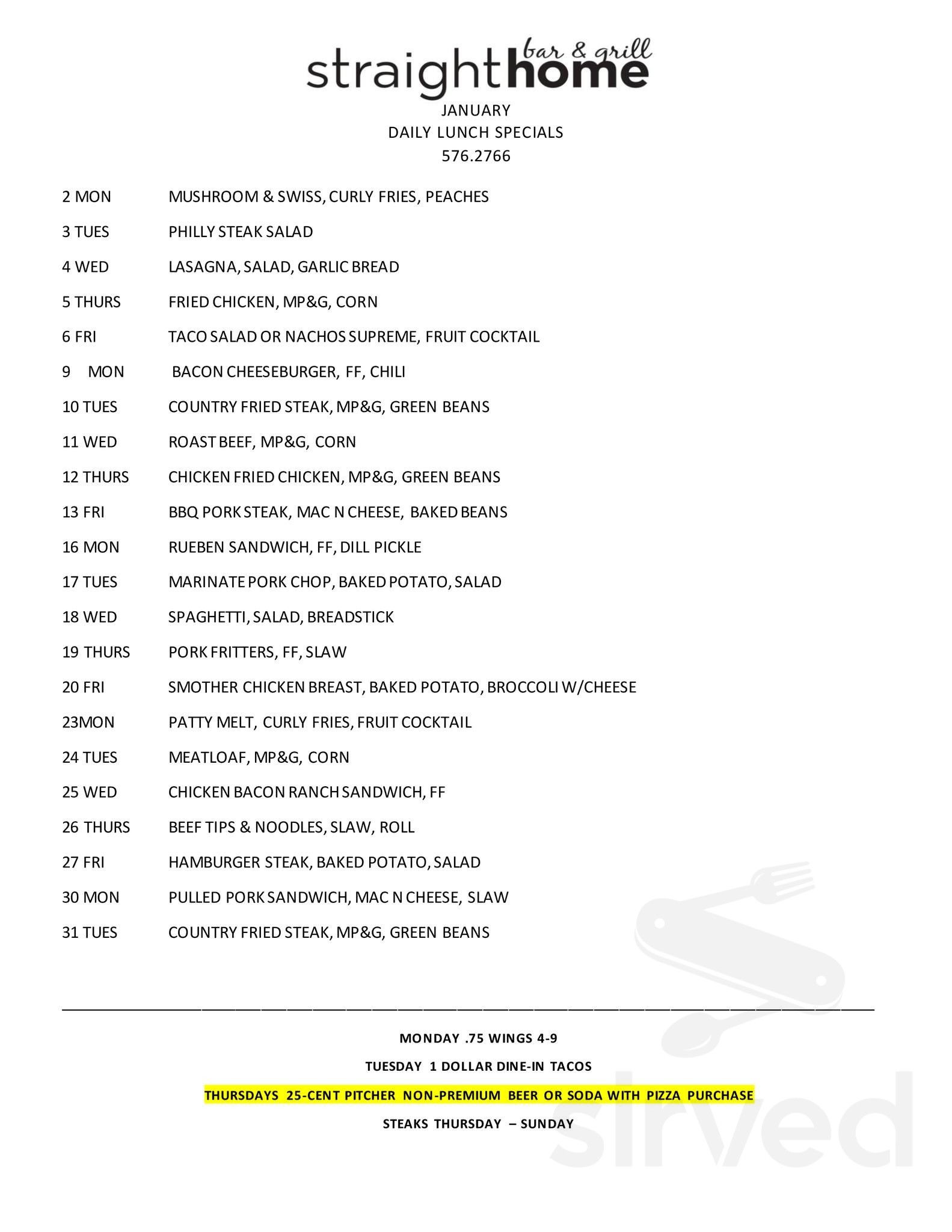 Straight Home menu in Hardin, Illinois, USA