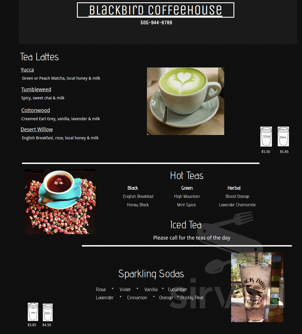 Blackbird Coffee House menu in Albuquerque, New Mexico, USA