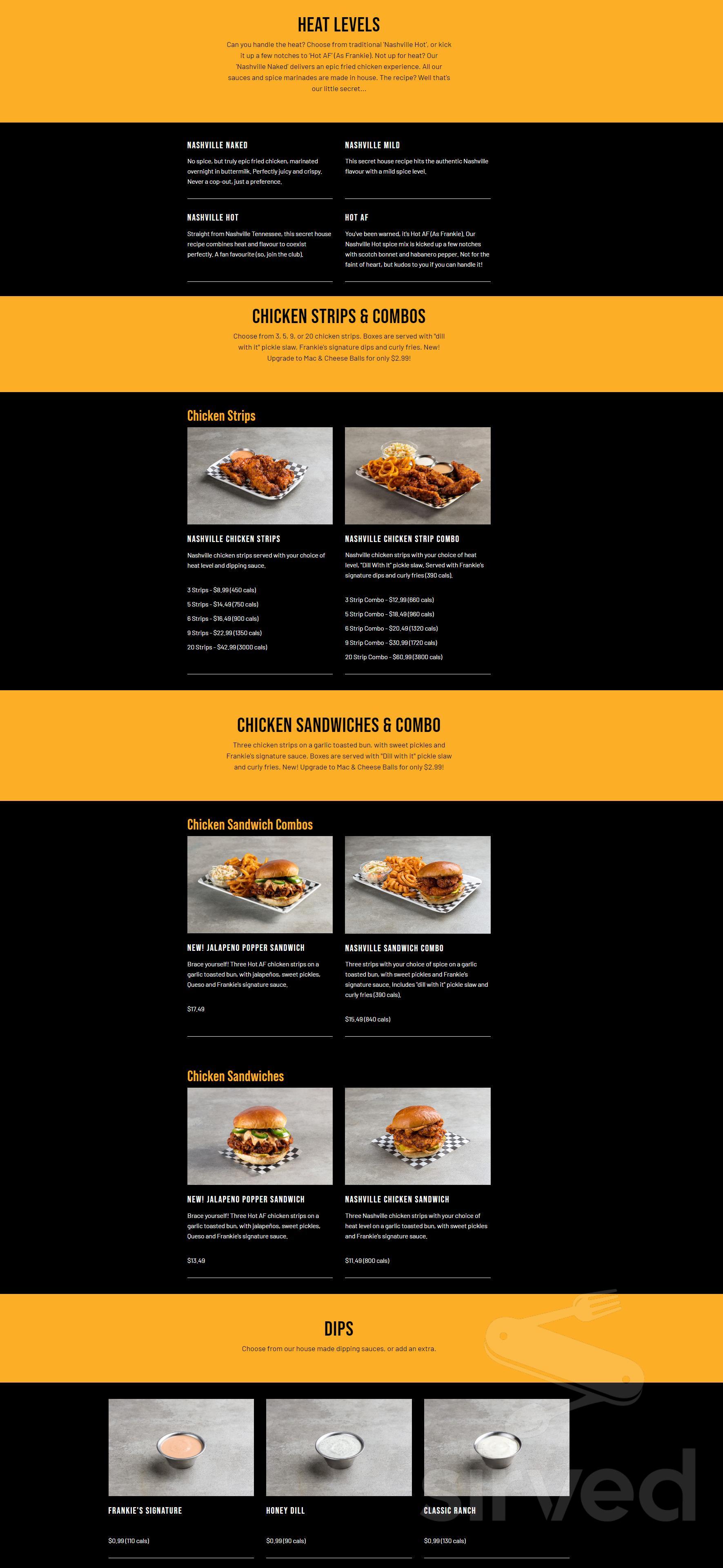 Frankie's Nashville Hot Chicken menu in Orléans, Ontario, Canada
