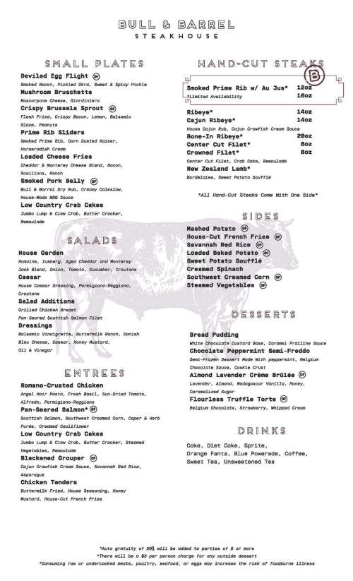 Bull and Barrel Steakhouse menu in Statesboro, Georgia, USA