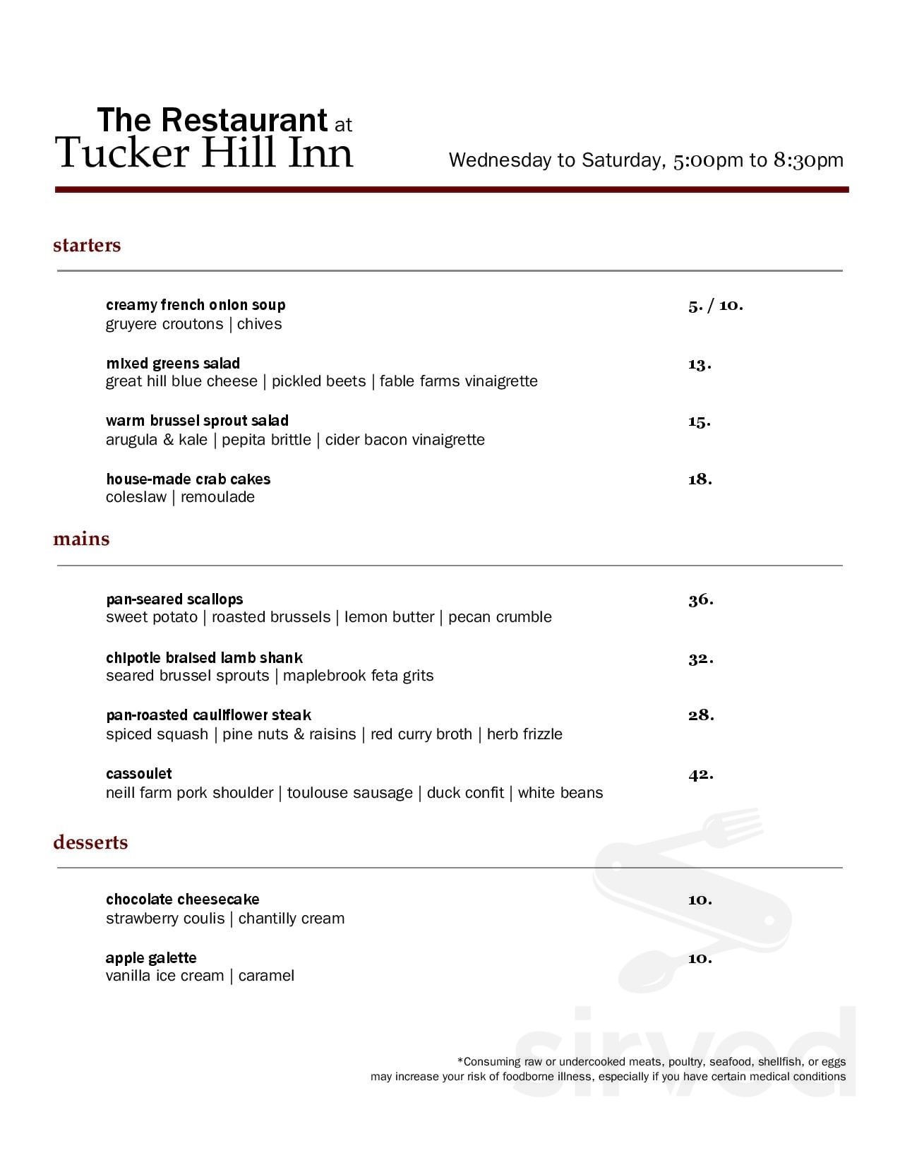 Menu for Tucker Hill Inn & Restaurant in Waitsfield, VT | Sirved