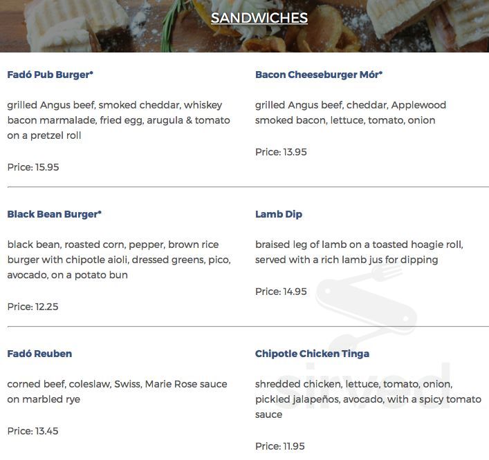 Fadó Irish Pub menu in Columbus, Ohio, USA