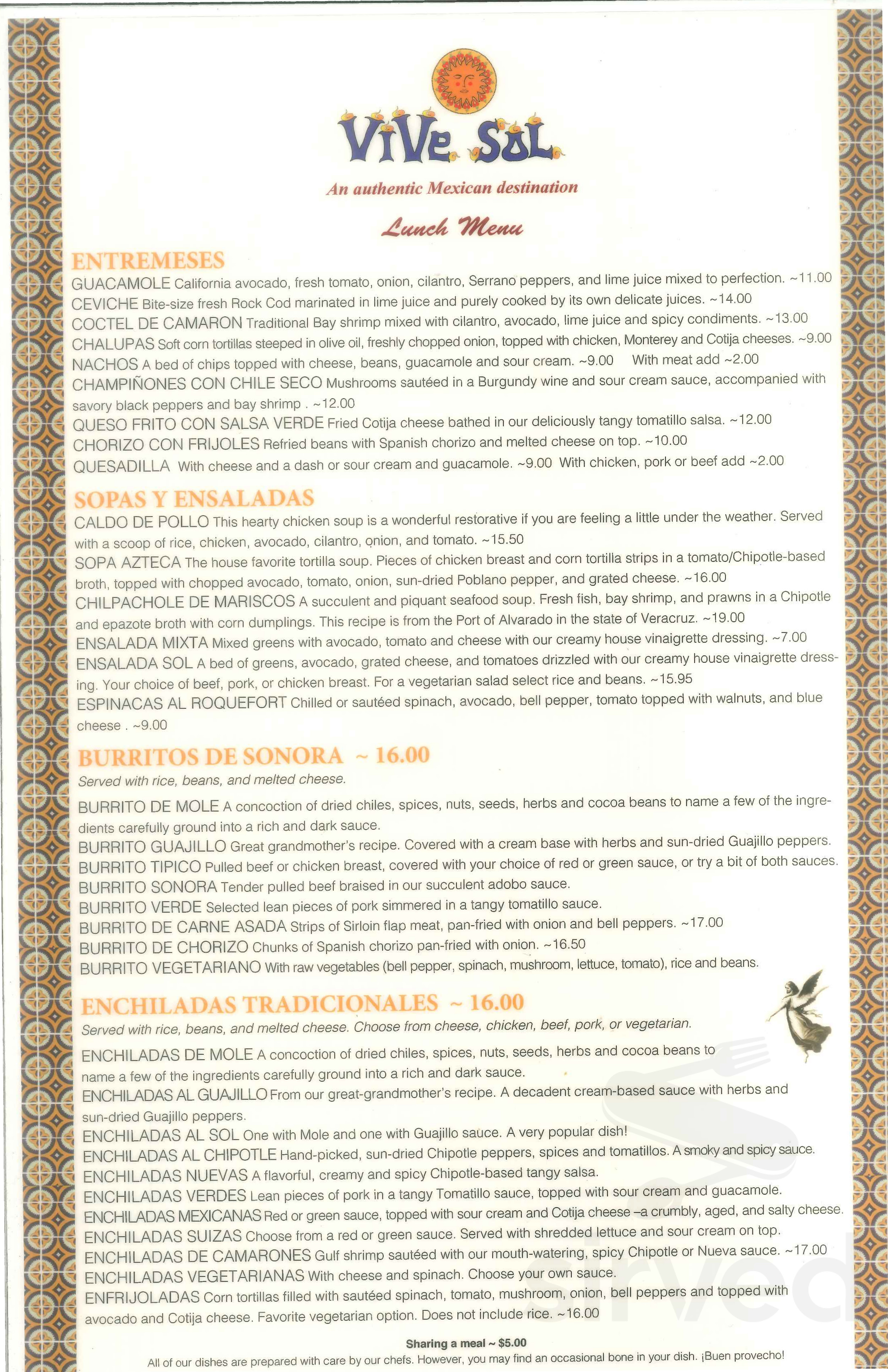 ViVe Sol menu in Mountain View, California, USA
