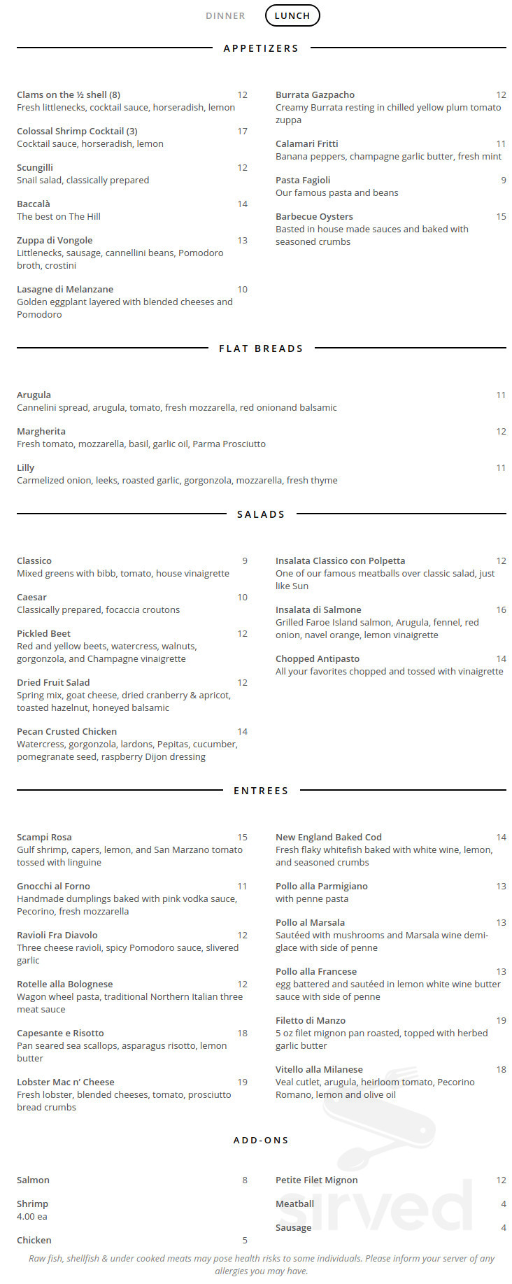 Camille's menu in Providence, Rhode Island, USA