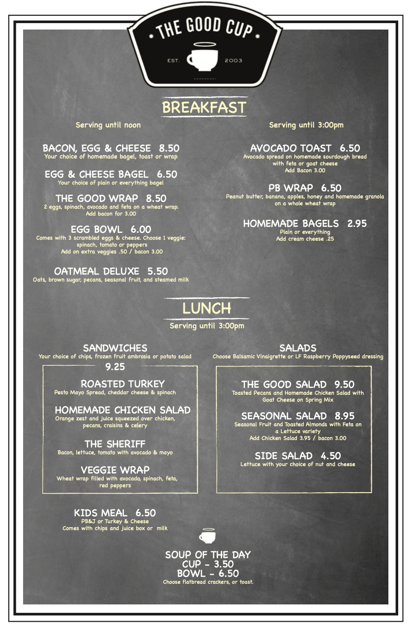 The Good Cup menu in Franklin, Tennessee, USA