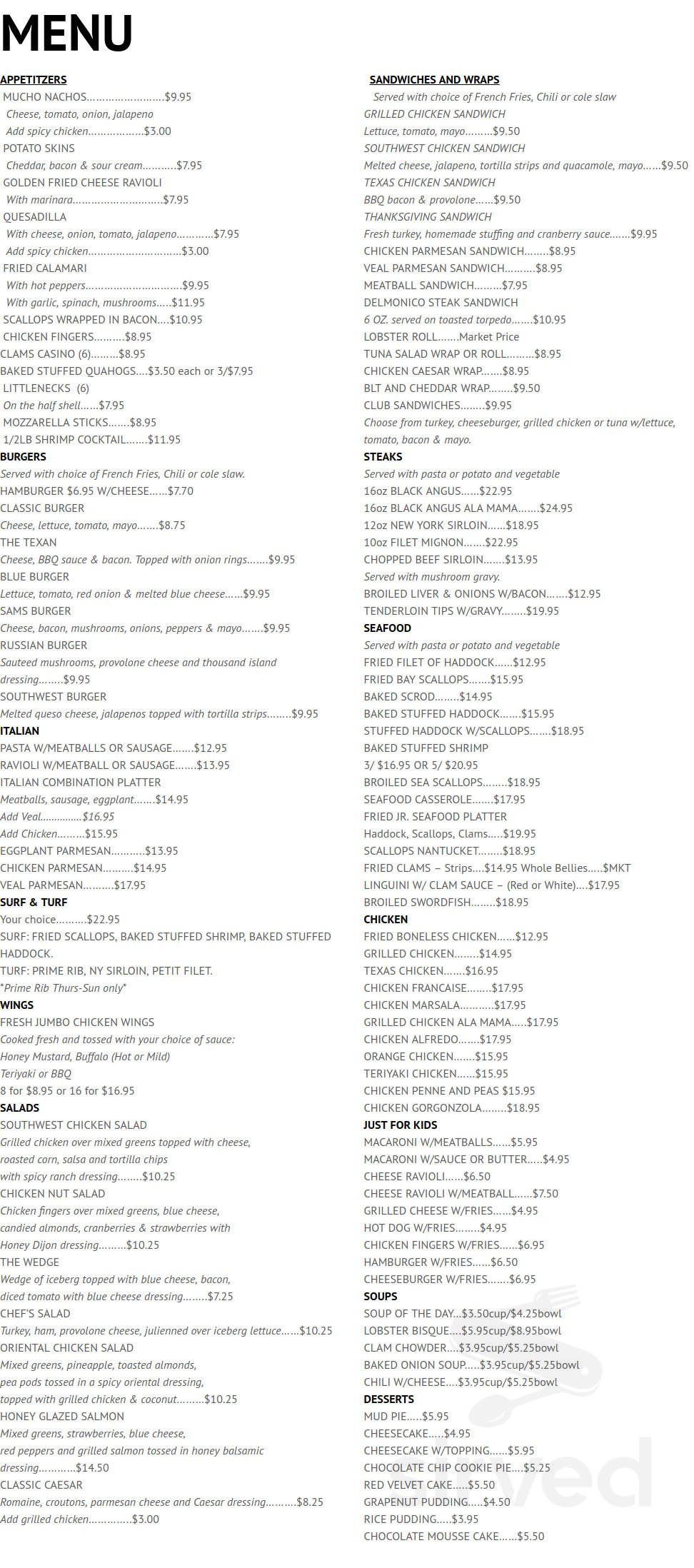 Menu for Sam's Inn in Warwick, Rhode Island, United States