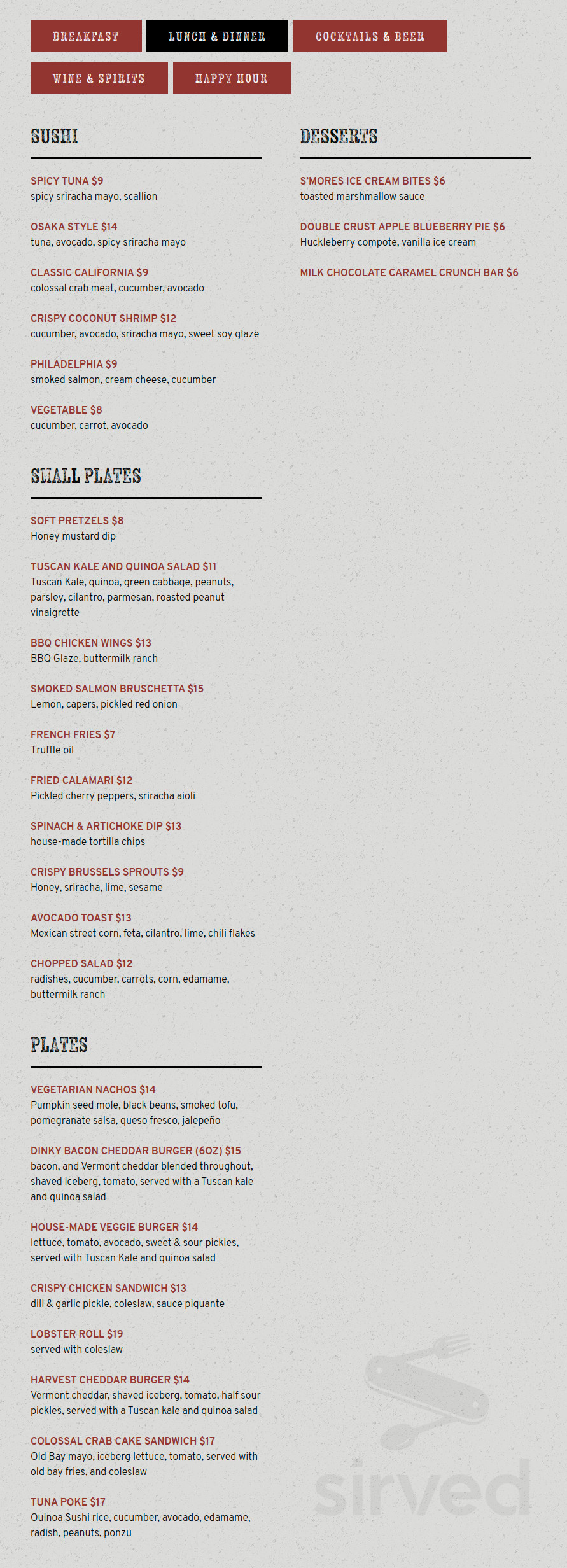 The Dinky Bar & Kitchen menu in Princeton, New Jersey, USA