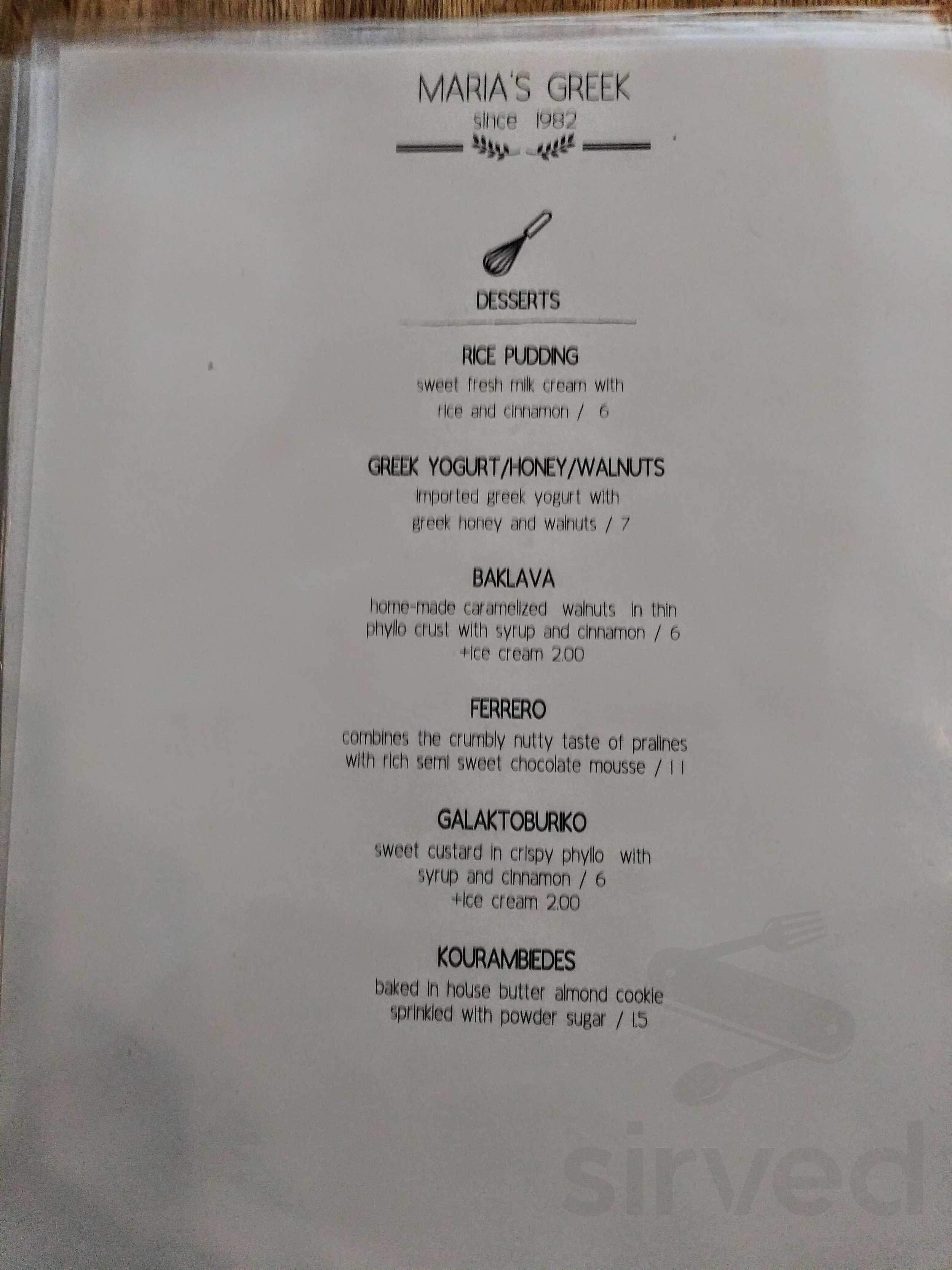 Maria's Greek Restaurant menu in Miami, Florida, USA