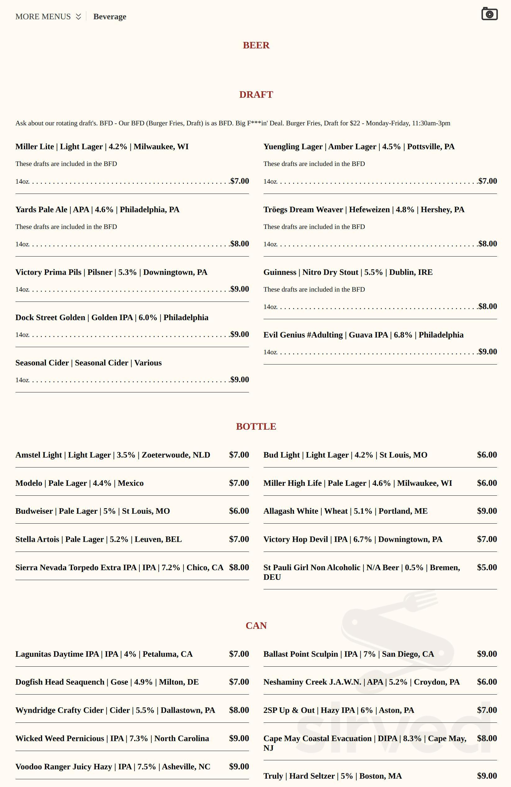 Menu - Philadelphia PA's Red Owl Tavern | Sirved