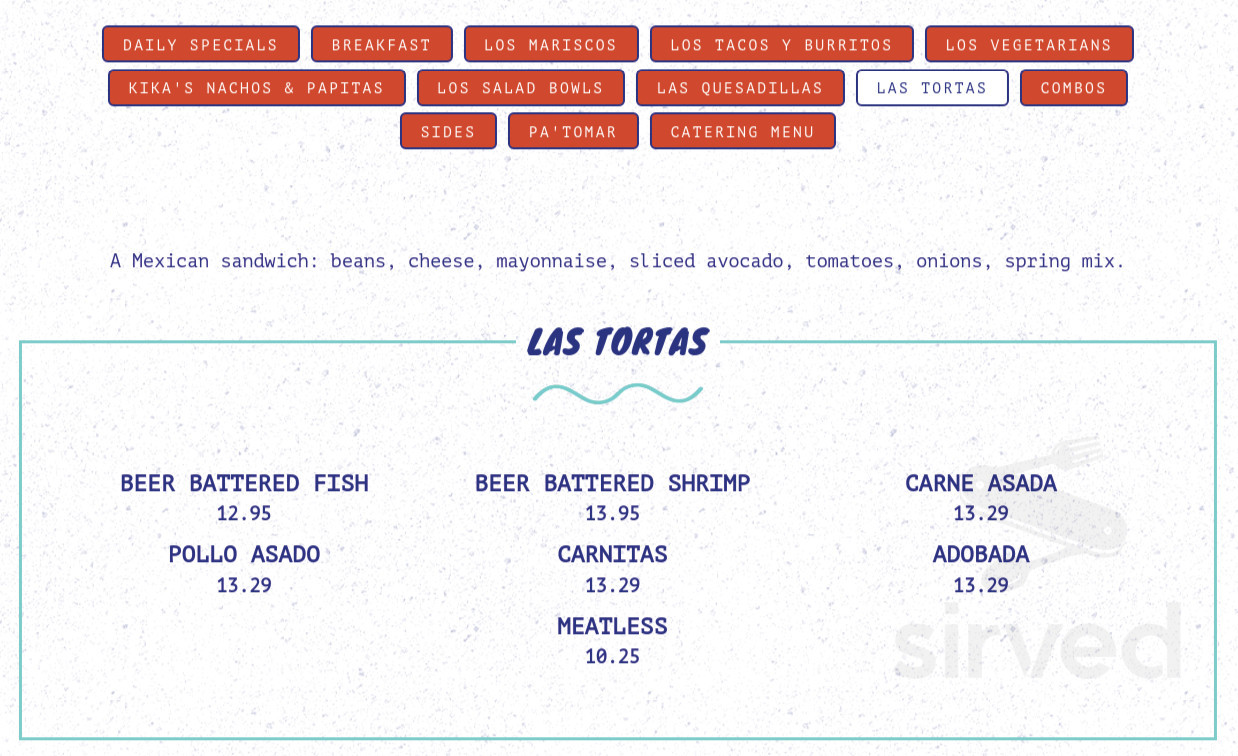 Mariscos Kikas menu in San Bernardino, California, USA