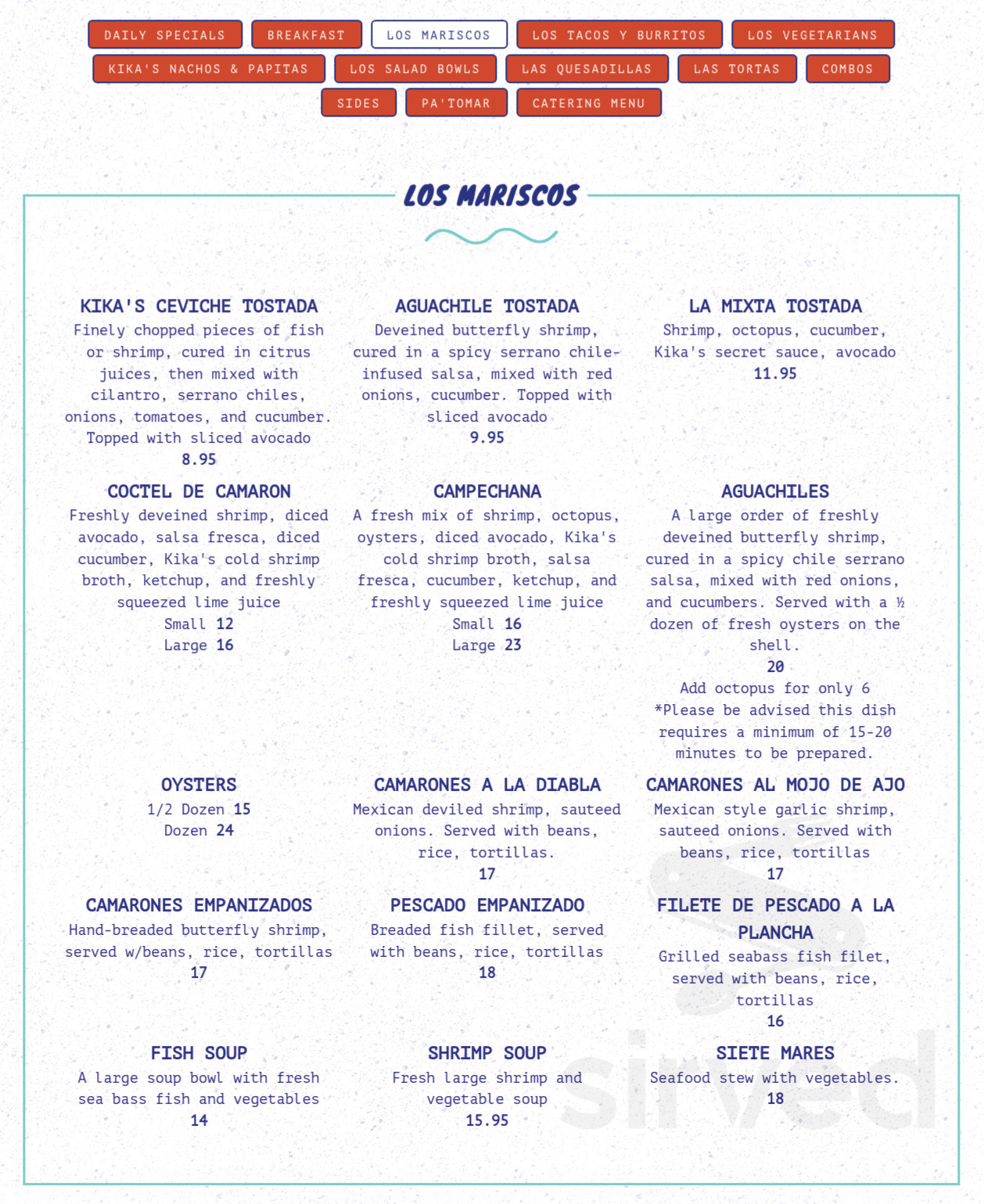 Mariscos Kikas menu in San Bernardino, California, USA