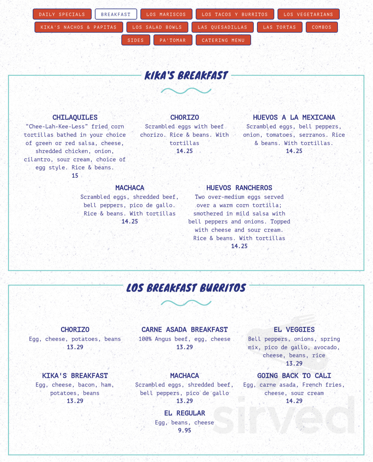 Mariscos Kikas menu in San Bernardino, California, USA