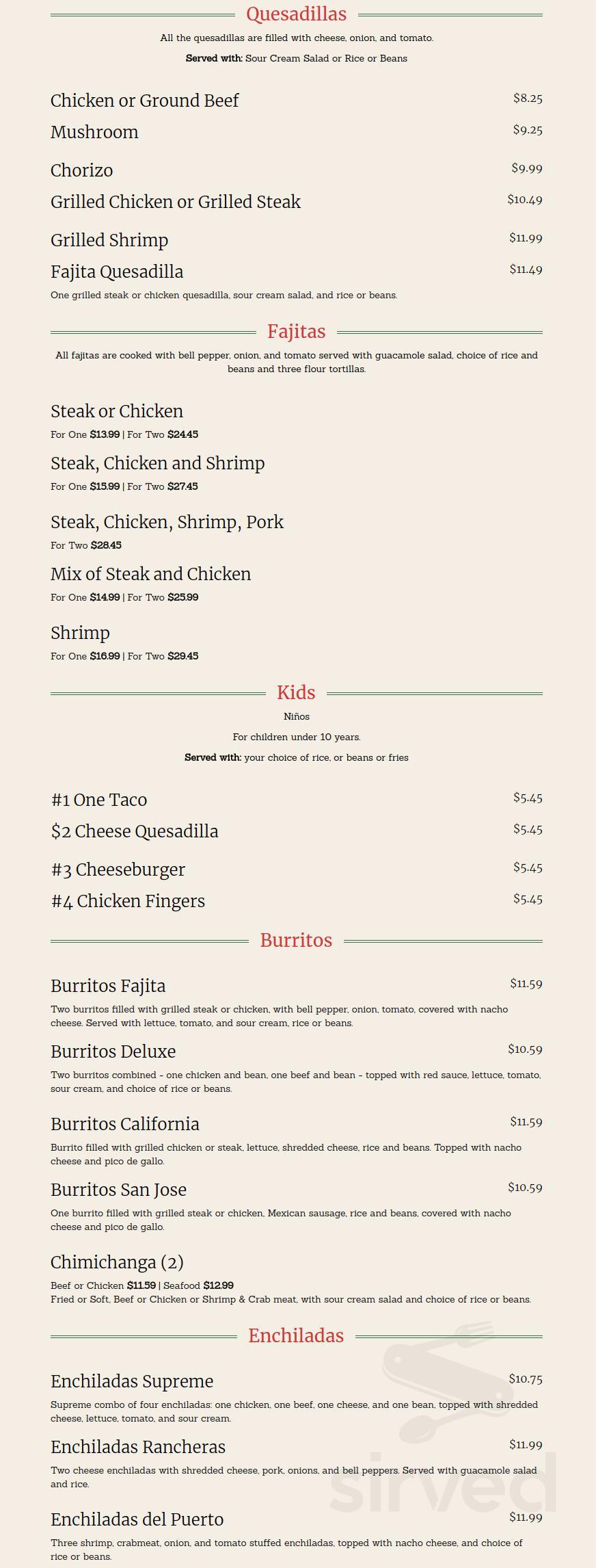 Don Valerio's Mexican Restaurant menu in Onley, Virginia, USA