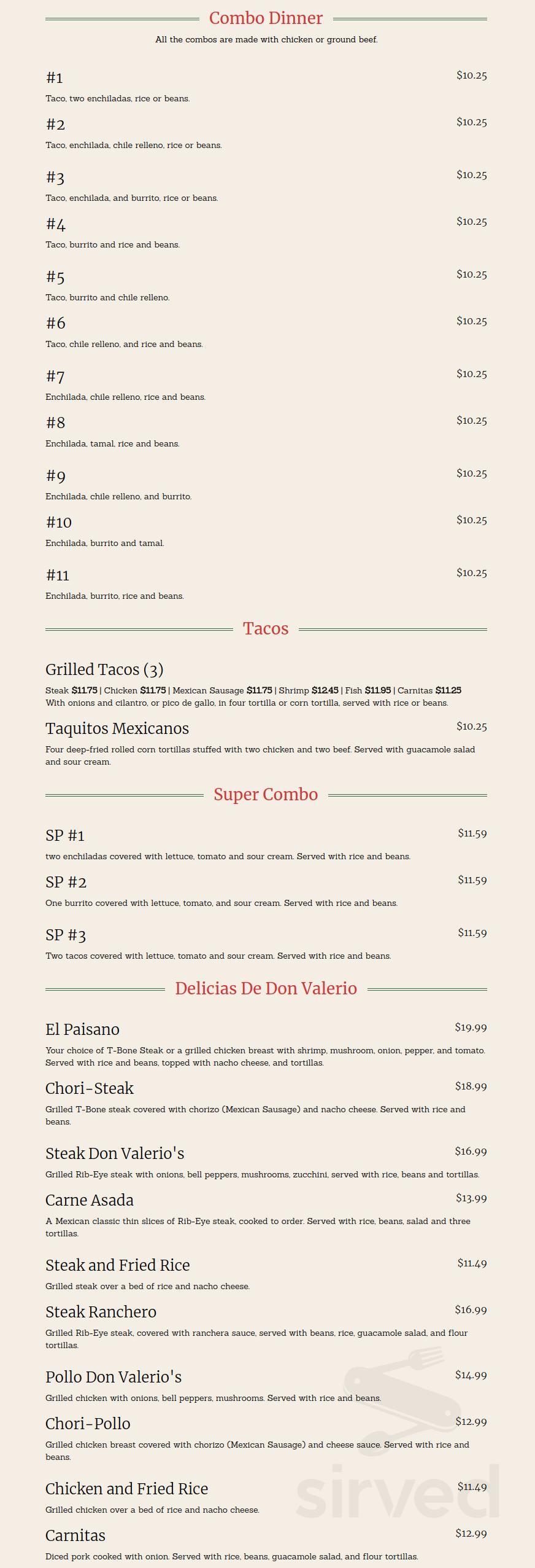 Don Valerio's Mexican Restaurant menu in Onley, Virginia, USA
