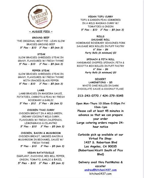 Bronzed Aussie menu in Los Angeles, California, USA