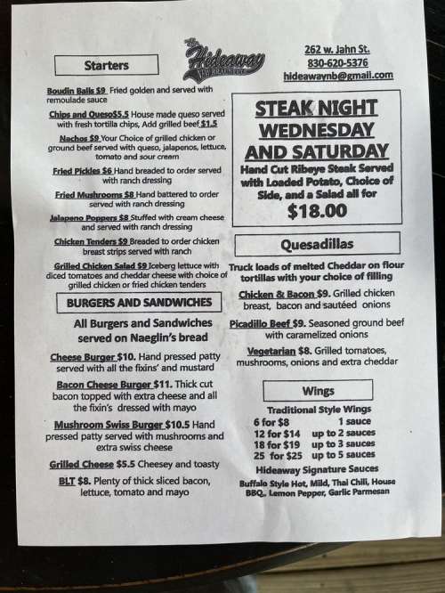 The Hideaway New Braunfels menu in New Braunfels, Texas, USA