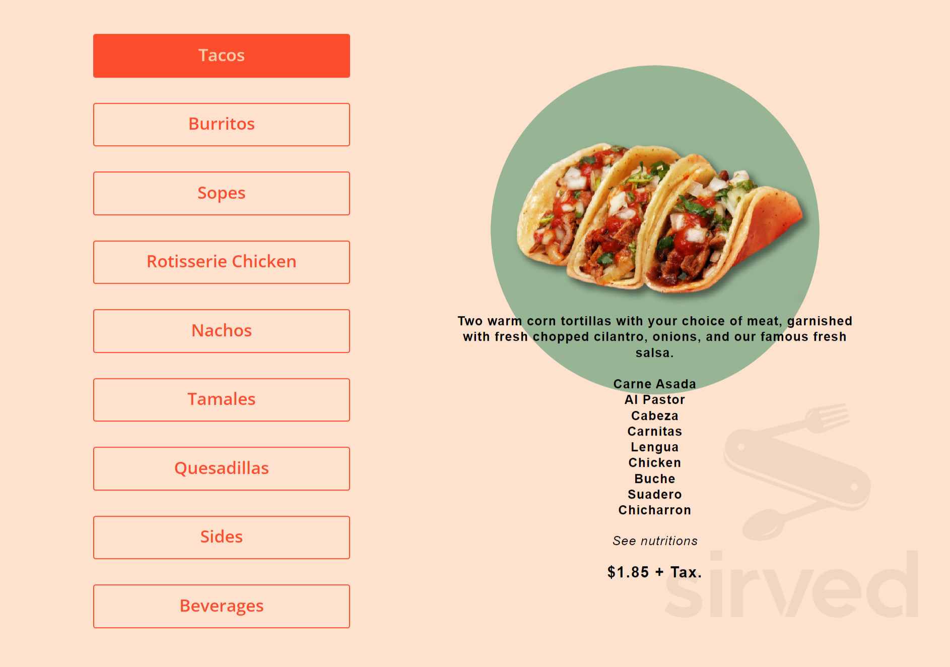 Menu for KING TACO RESTAURANTS, INC. in Commerce, California, United States