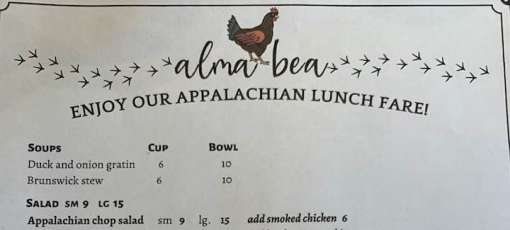 Menu for Alma Bea in Shepherdstown, WV | Sirved