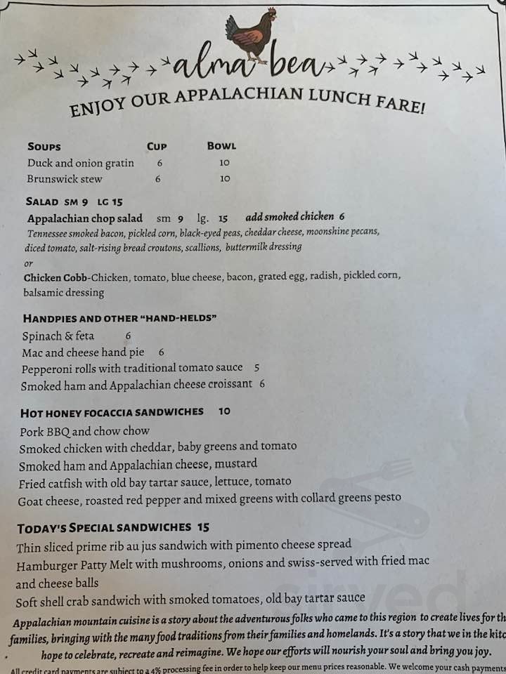Alma Bea menu in Shepherdstown, West Virginia, USA