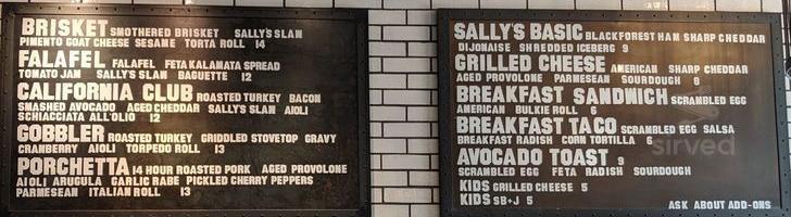 Sally's Sandwiches menu in Boston, Massachusetts, USA