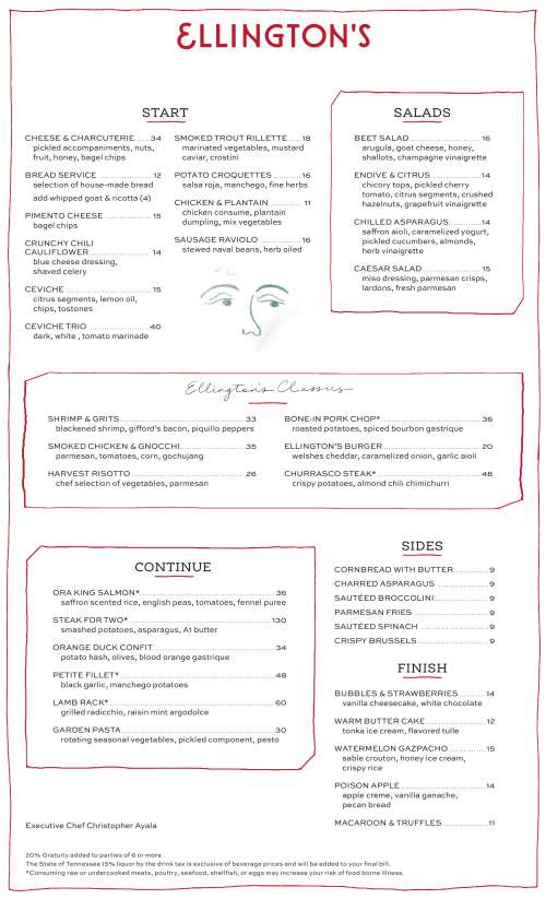 Ellington's menu in Nashville, Tennessee, USA