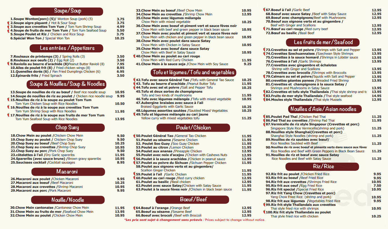 Les Sables d'Or menu in Anjou, Quebec, Canada