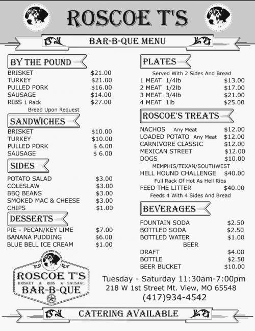 Roscoe T's Bar-B-Que menu in Mountain View, Missouri, USA