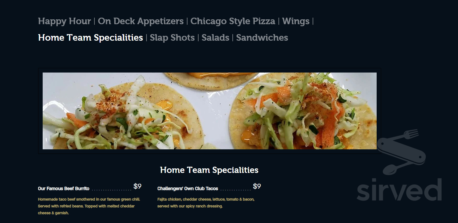 Challengers Sports Bar menu in Aurora, Colorado, USA