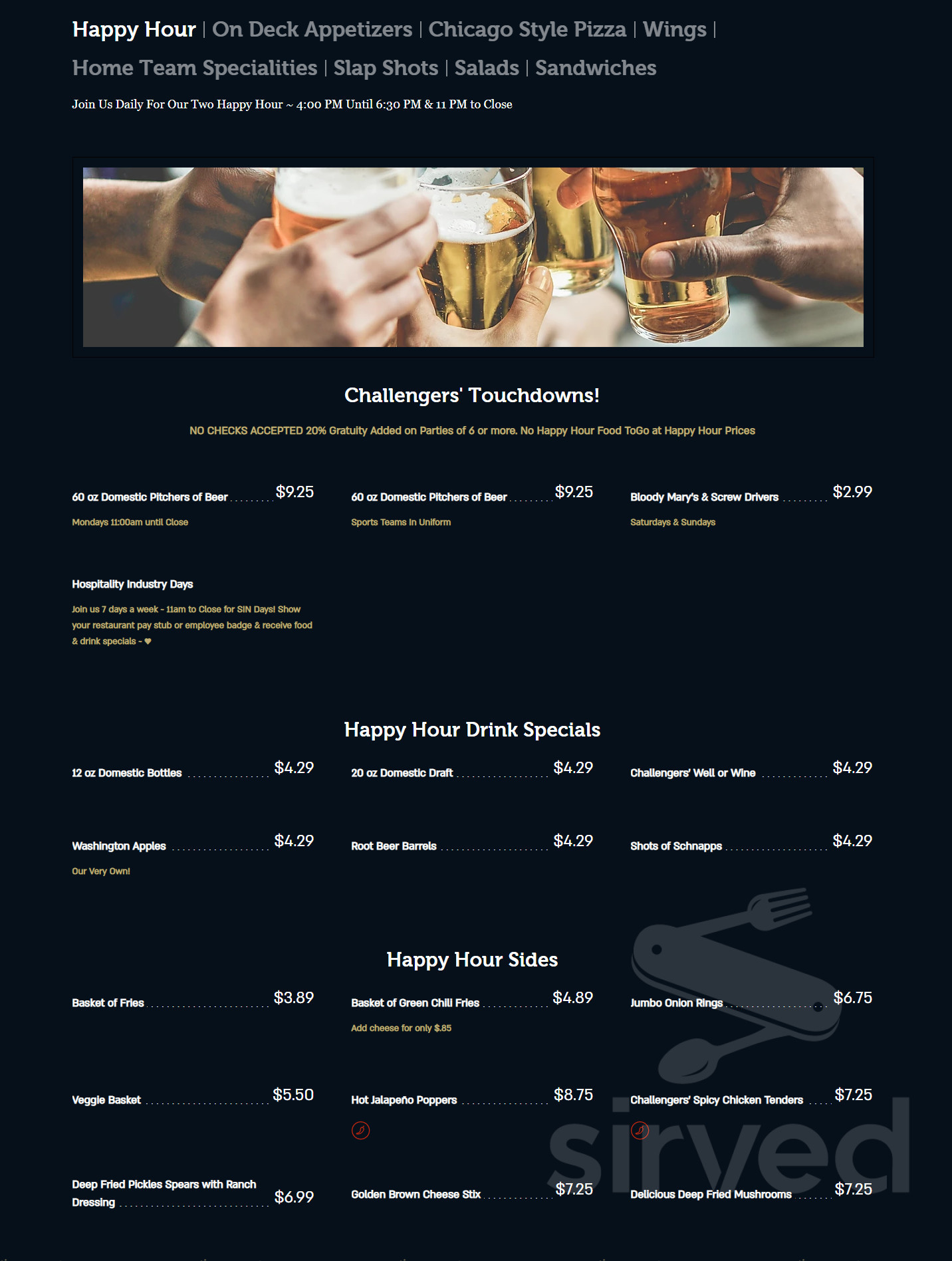 Challengers Sports Bar menu in Aurora, Colorado, USA