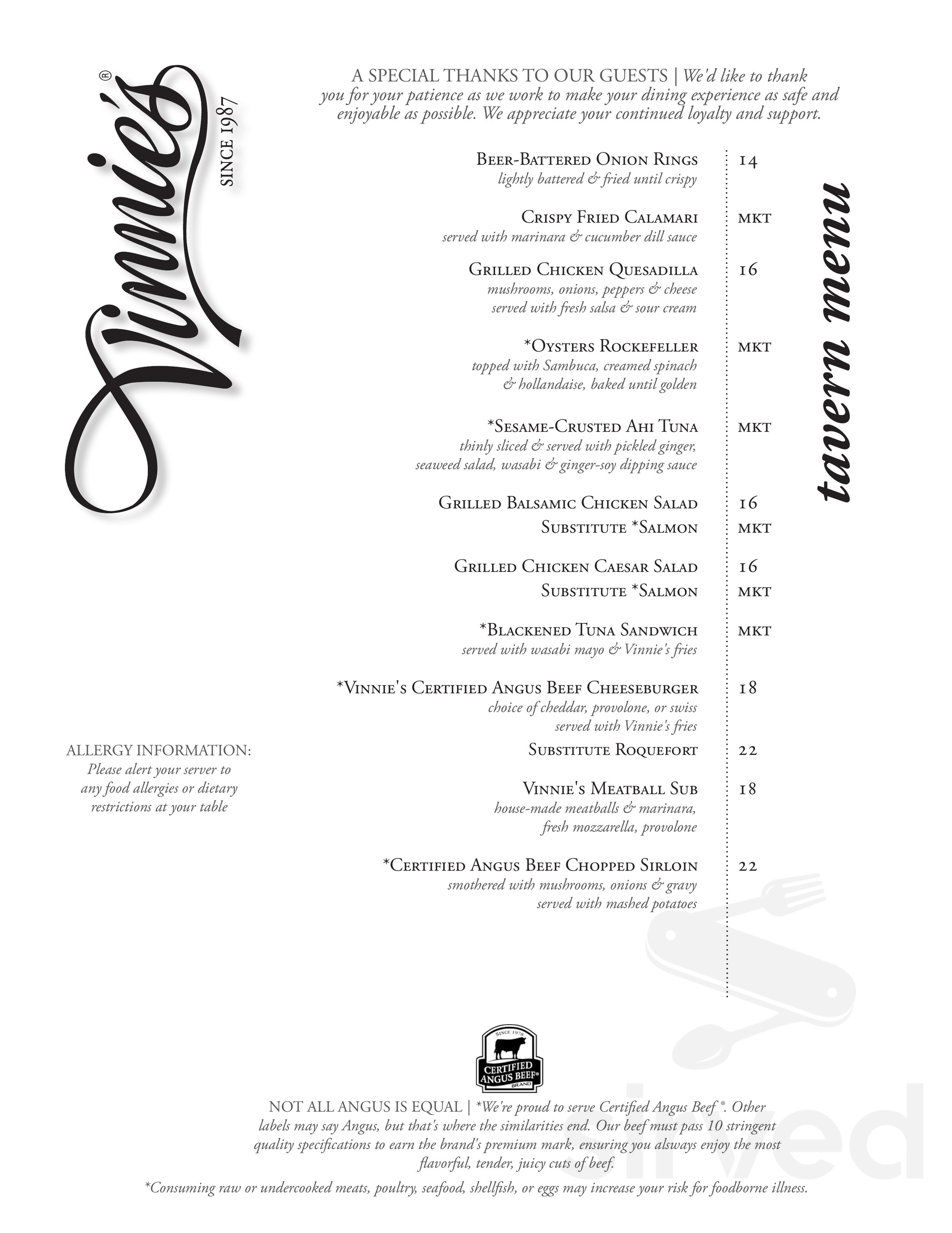 Vinnie's Steak House & Tavern menu in Raleigh, North Carolina, USA