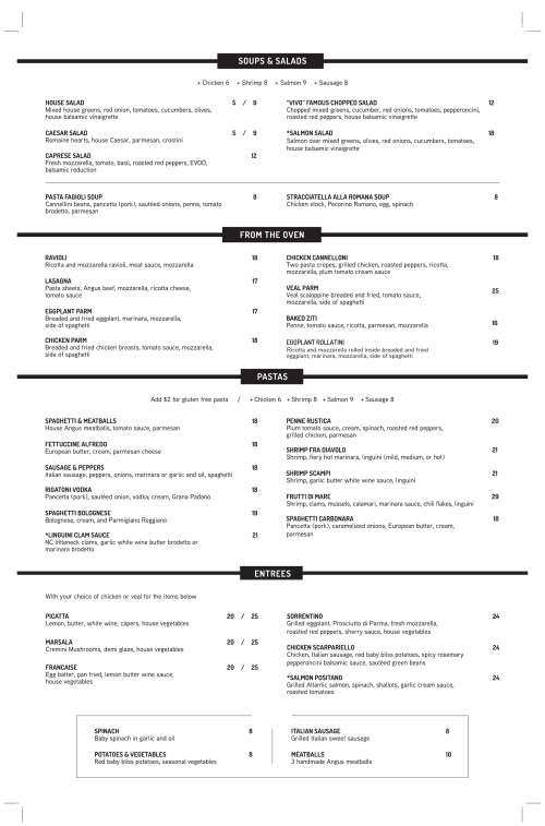 Vivo Ristorante menu in Raleigh, North Carolina, USA
