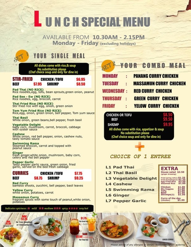 Taste of Thai menu in Oklahoma City, Oklahoma, USA