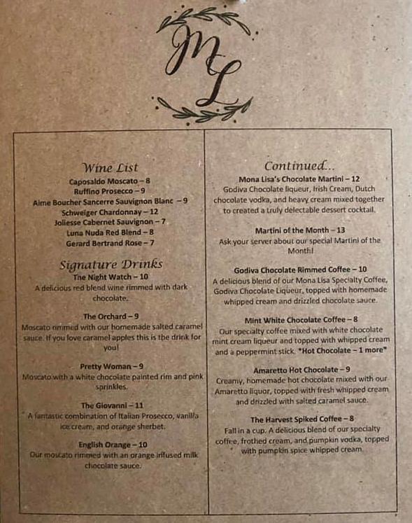 Mona Lisa's Dessert House menu in Blue Ridge, Georgia, USA