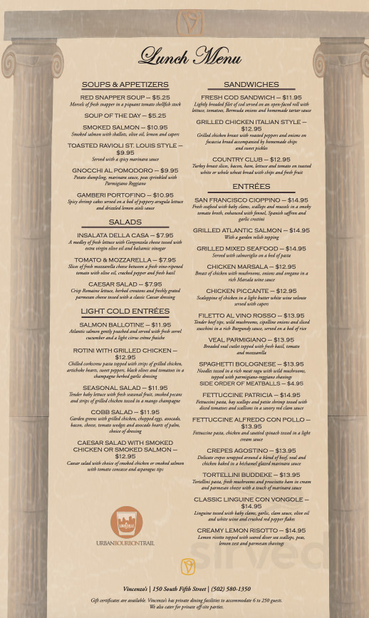 Menu for Vincenzo's in Louisville, KY | Sirved