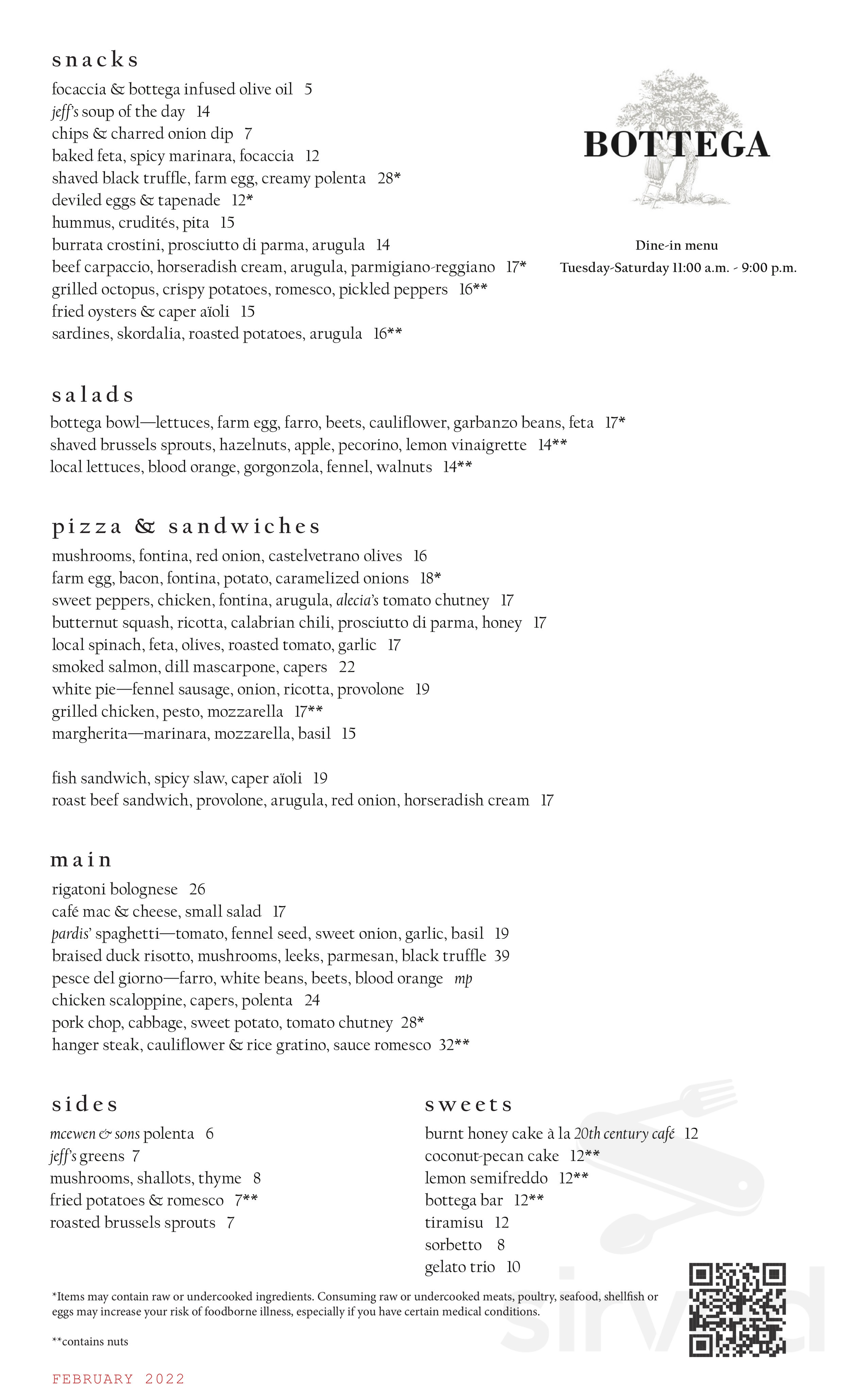 Bottega menus in Birmingham, Alabama, United States