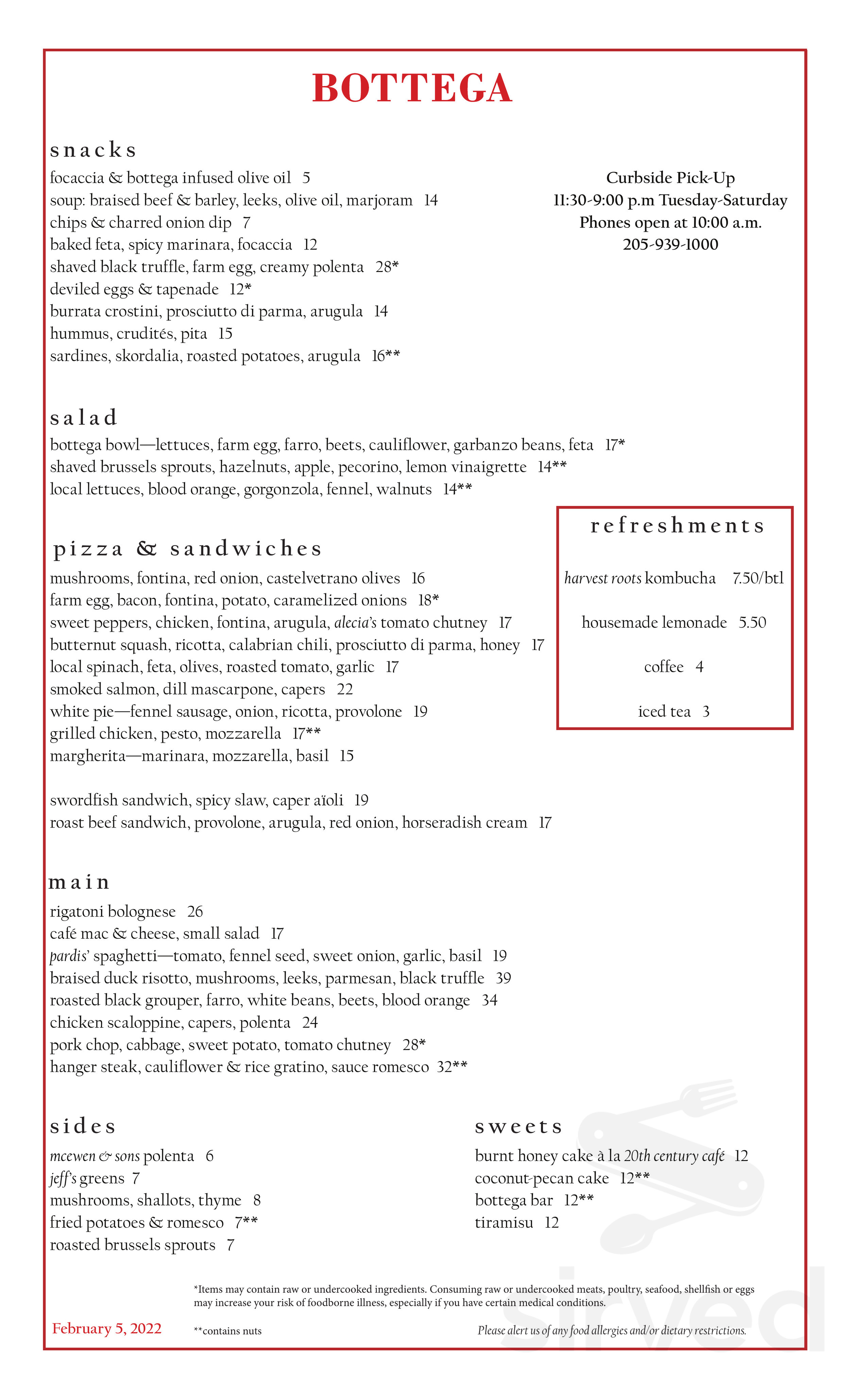 Bottega menus in Birmingham, Alabama, United States