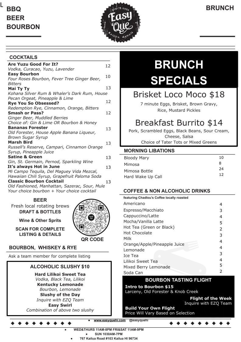 Easy ‘Que menu in Kailua, Hawaii, USA