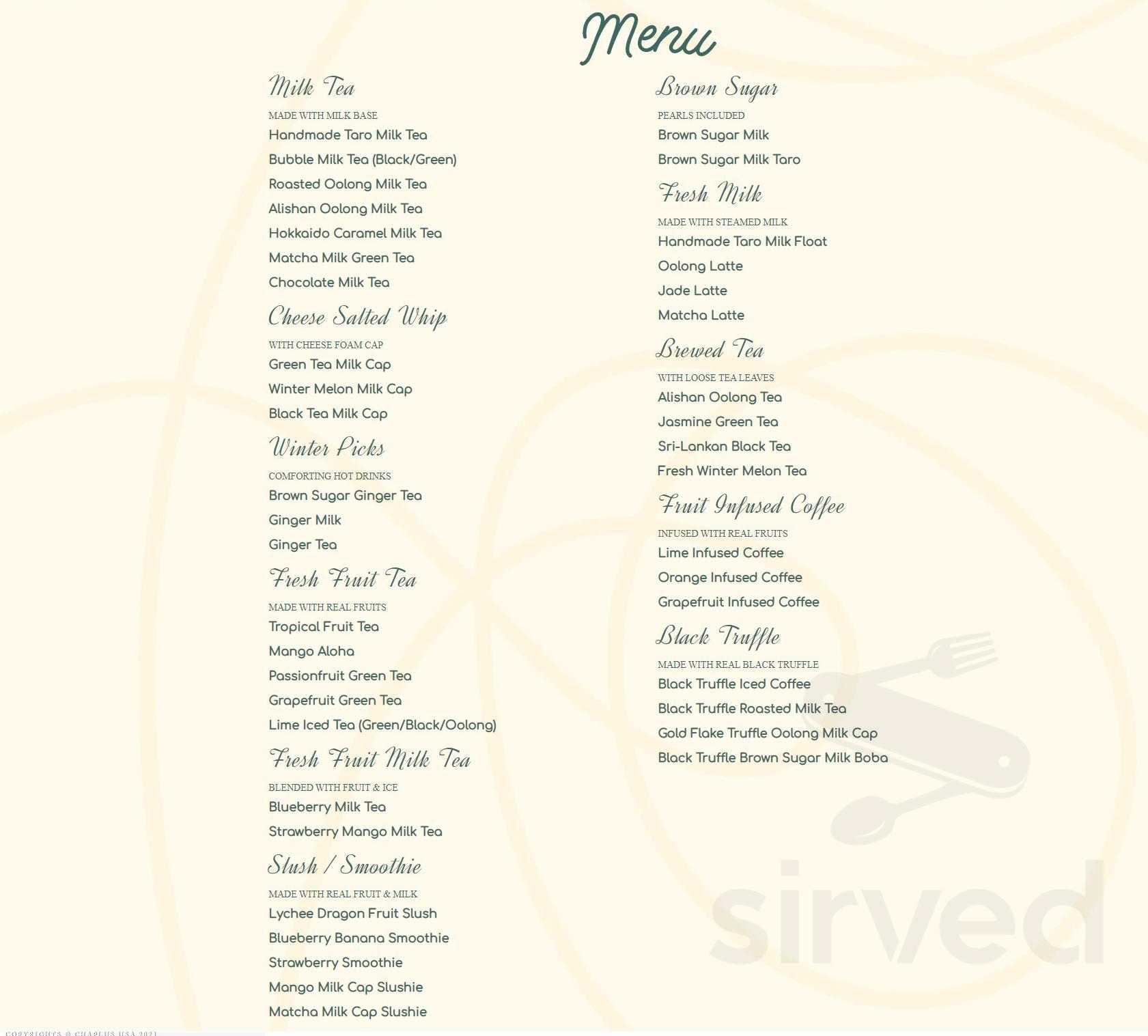 Chaplus Modern Tea Room menu in Anaheim, California, USA