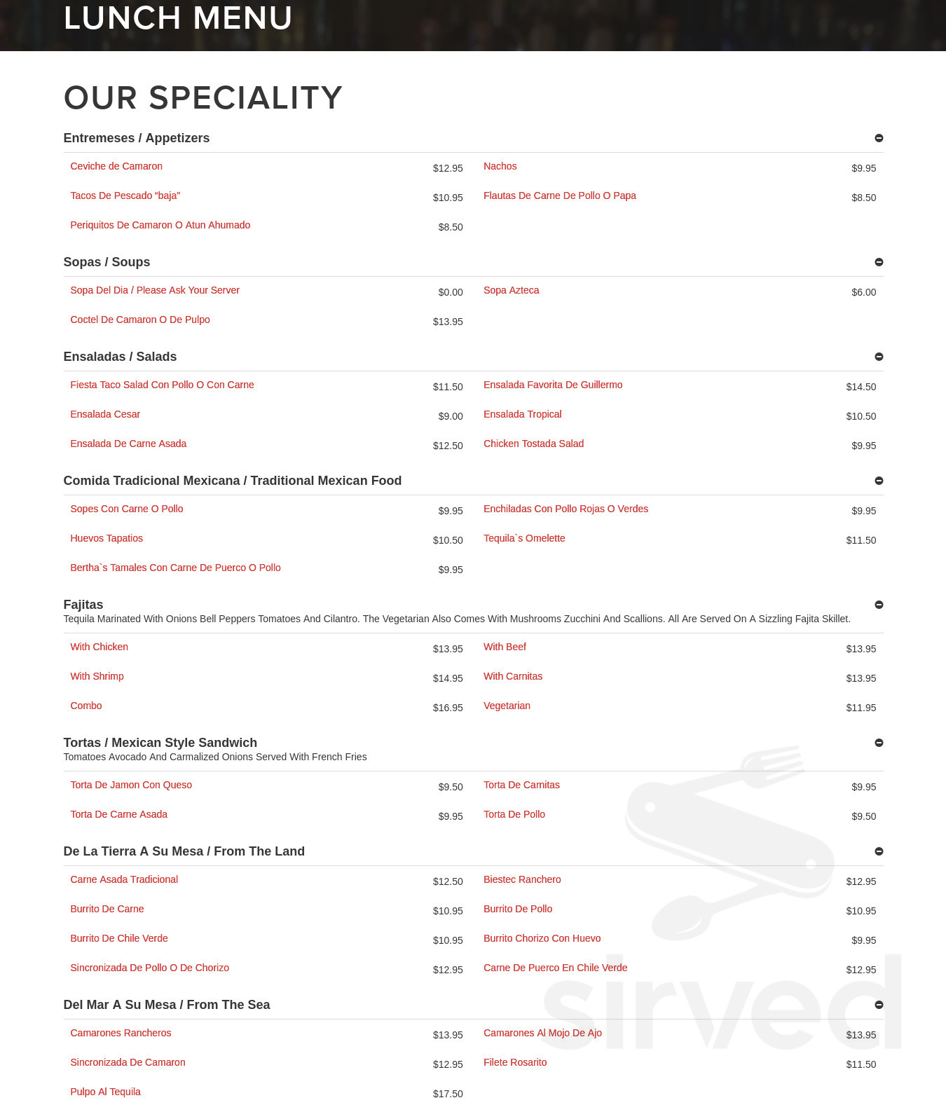 Menu for Guillermo's Restaurante in Palm Desert, CA | Sirved