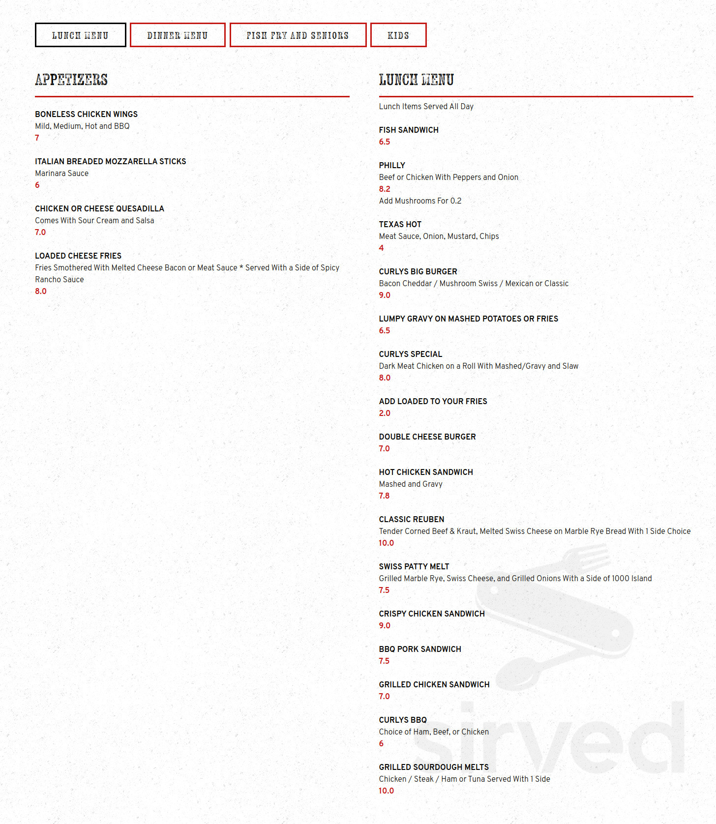 Curly's Chicken House menu in Elmira, New York, USA