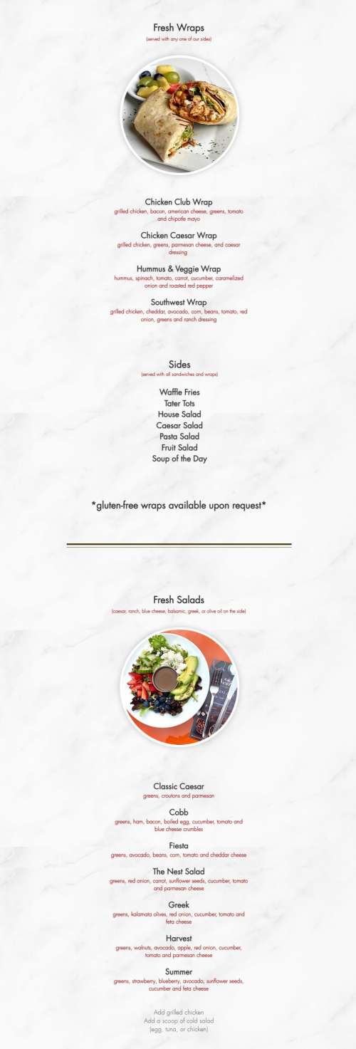 The Nest Cafe menu in Alpharetta, Georgia, USA