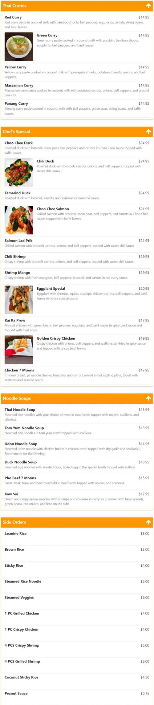 Seven Moons Thai cuisine menu in Berlin, Connecticut, USA