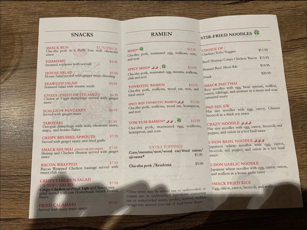 Smack Noodle menu in Maynard, Massachusetts, USA