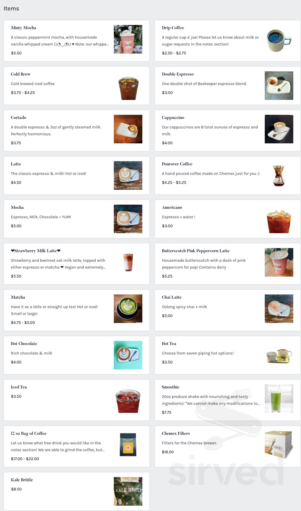 Menu for Elixr Coffee Roasters in Philadelphia, PA | Sirved